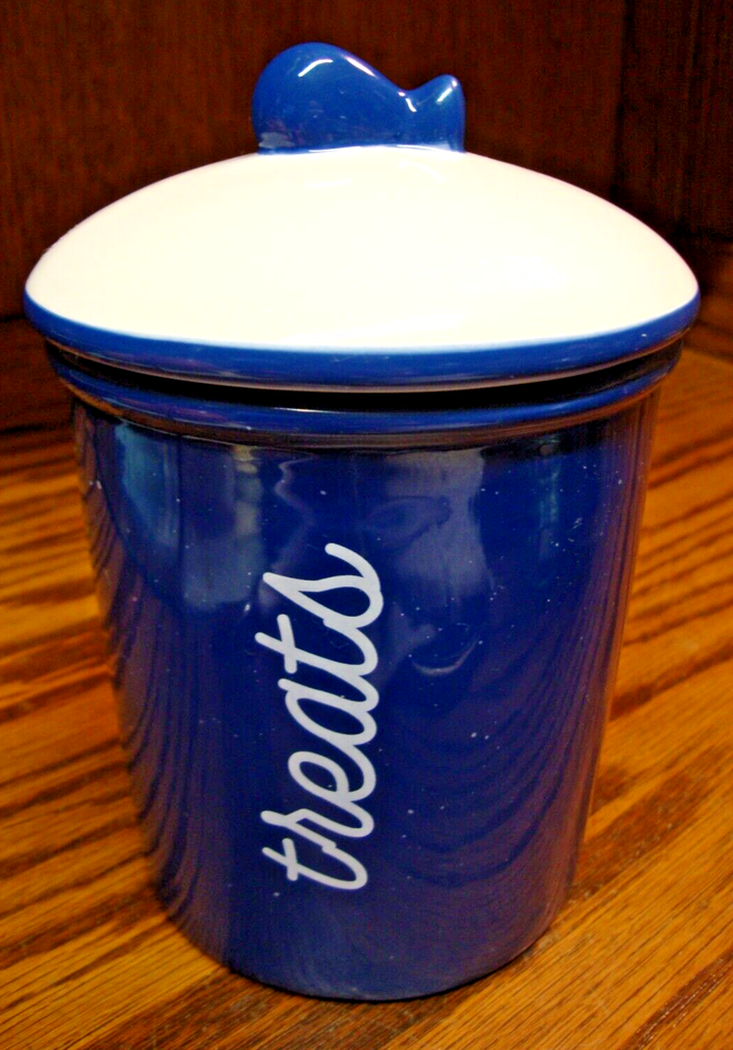 Ceramic Treat Jar Canister Blue w/White Sealing Lid Fish on Top~Pet~Cat ...
