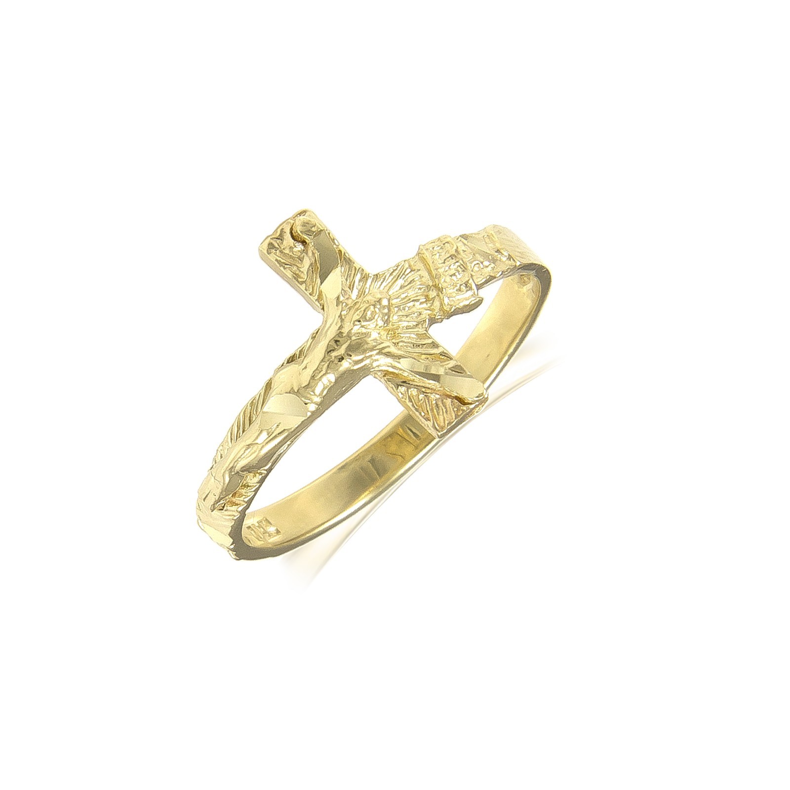 14K Solid Yellow Gold Sideways Crucifix Cross Ring - INRI Jesus Band ...