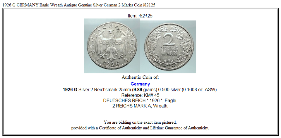 1926 G GERMANY Eagle Wreath Antique Genuine Silver German 2 Marks Coin ...