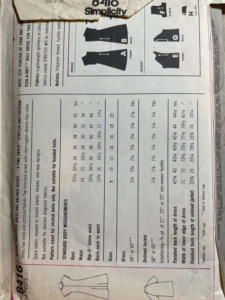 Simplicity 8416 Vintage 70's Pullover Dress. Unlined Jacket Sewing ...