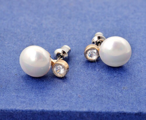 New Women's 18K Gold Filled Inlay Crystal 10mm Pearl Stud Earrings ...