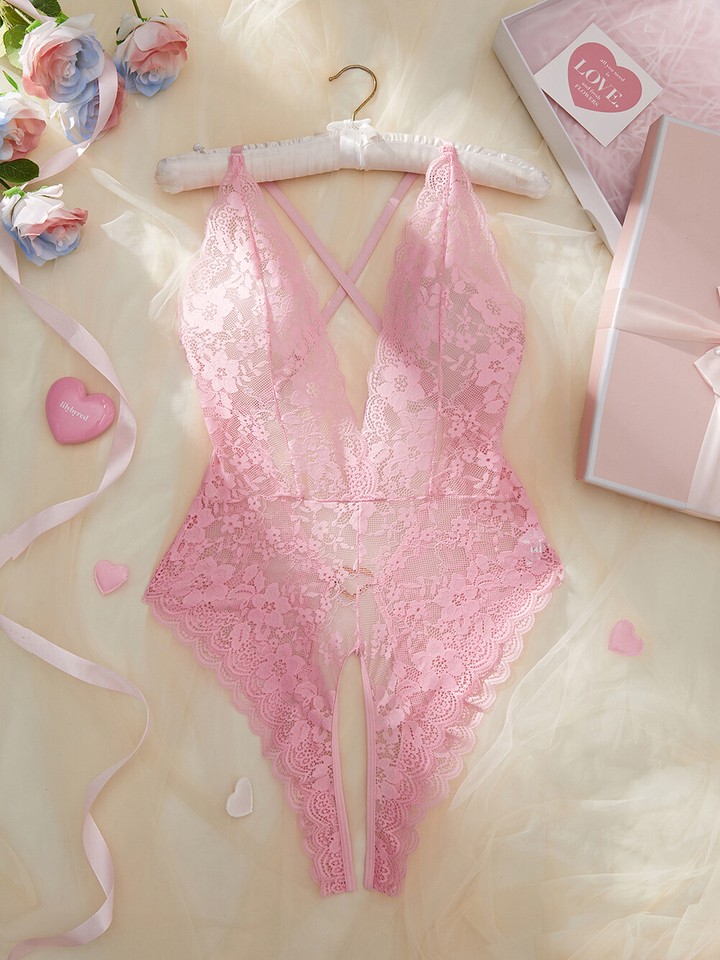 Women's Lace Bodysuit Lingerie One Piece Teddy Deep V Halter Naughty ...