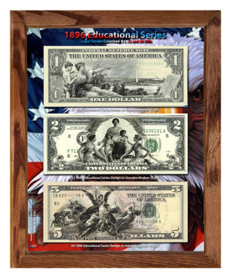 1896 Educational Series Colorized $1, $2 & $5 New Currency Set in 8" x ...