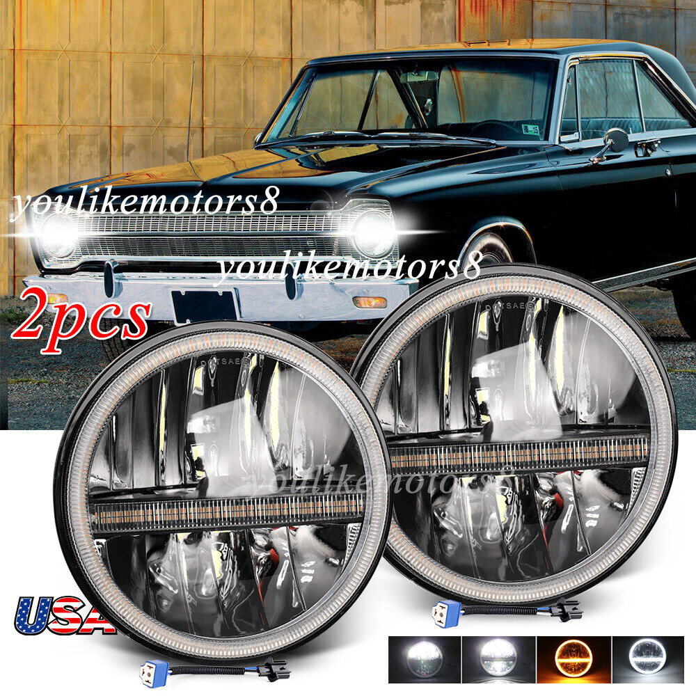 Pair Fit Plymouth Valiant 1963-1976 7 Inch Round LED Headlights Hi-Lo ...