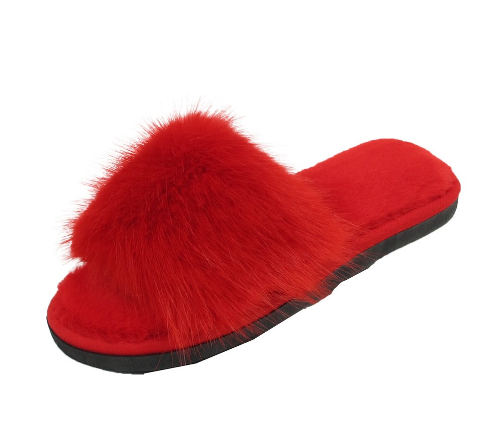 Ladies Fur Slippers Womens Fluffy Slide Sliders Winter Warm Furry Flip ...