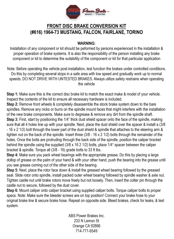 1960-'66 Ford Falcon/Ranchero Complete Front Disc Brake Kit #616 | eBay