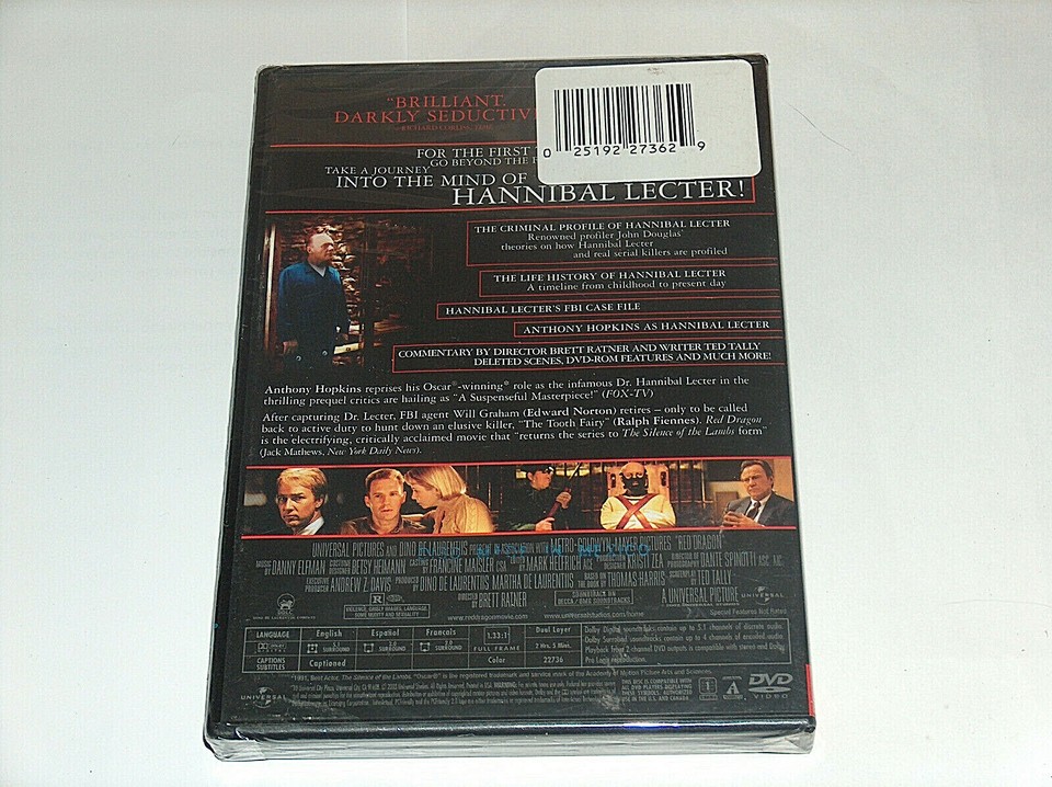 NEW Anthony Hopkins Red Dragon Horror Movie DVD Video Sealed in Plastic ...