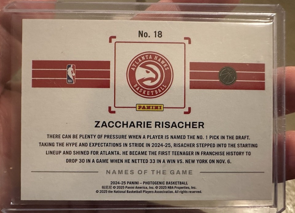 Zaccharie Risacher 2024-25 Panini Photogenic SSP Names Of Game RC #18 ...
