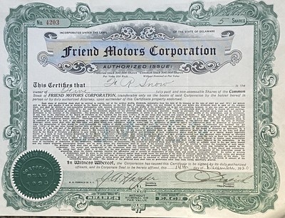 1920 Rare Friend Motors Corporation Stocks Certificate | eBay