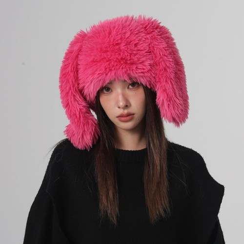 Elastic Solid Color Hat Winter Warm Fluffy Rabbit Ear for Women Cozy ...