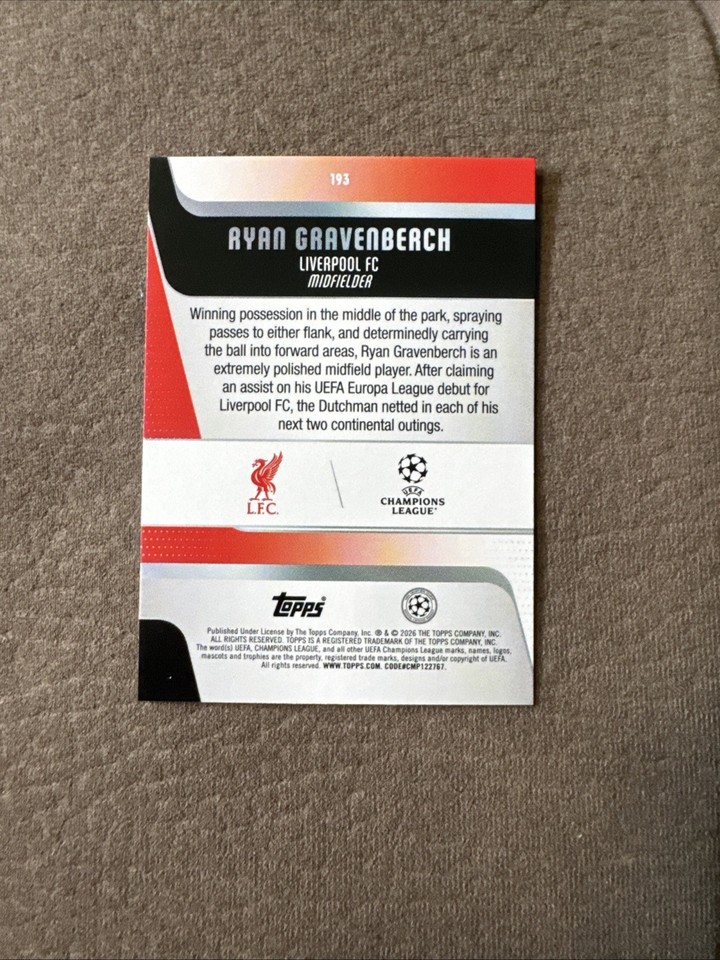 TOPPS UEFA UCC FLAGSHIP 2025 2026 LIVERPOOL RYAN GRAVENBERCH RAIN DROP ...