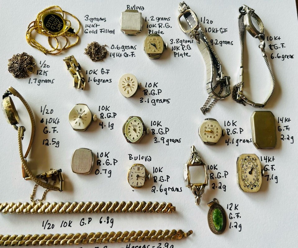 Scrap Lot 87 Grams 10k GF GFP RG 1/20 12k GF 14k GF Jewelry Scrap Watch ...