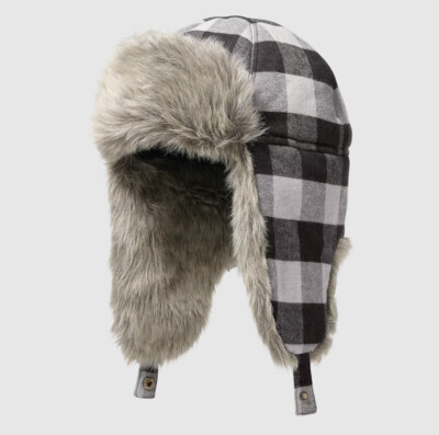 NWT Eddie Bauer Sz S/M Gray Black Plaid Hadlock Trappers Flap Faur Fur ...
