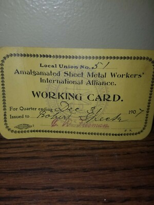 Vintage Amalgamated Sheet Metal Workers Union Card. 1907 | eBay