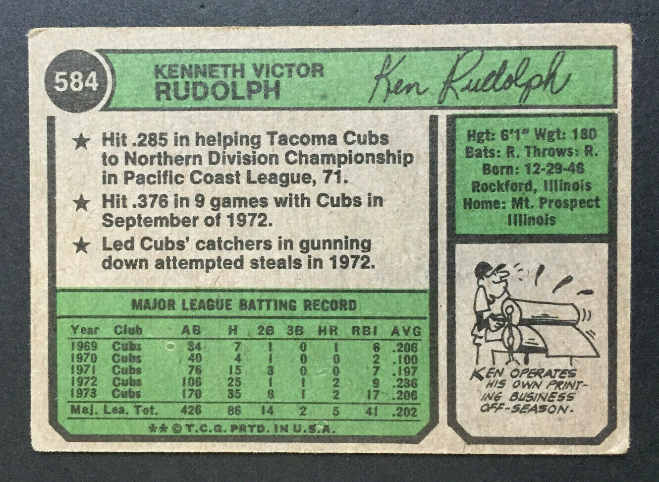 Ken Rudolph Cubs Signed 1974 Topps baseball card #584 Auto Autograph | eBay