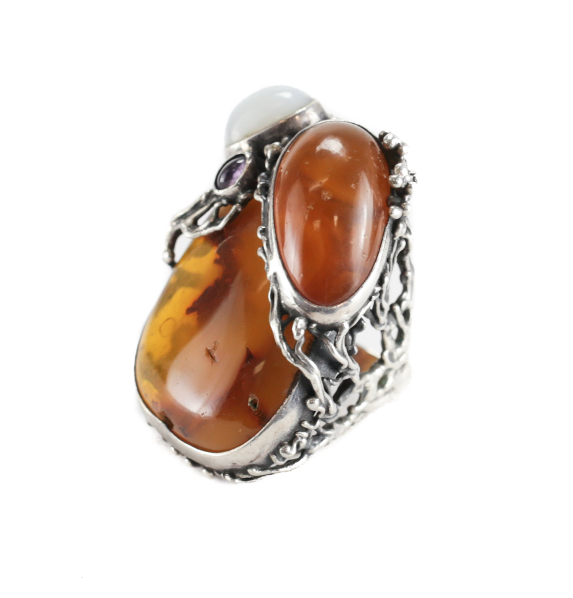 HUGE Ciro Baltic Amber Amethyst White jade Sterling Silver Artisan Ring ...