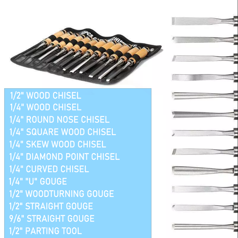12 Piece Wood Carving Hand Chisel Tool Set Professional Woodworking Gouges Steel | eBay