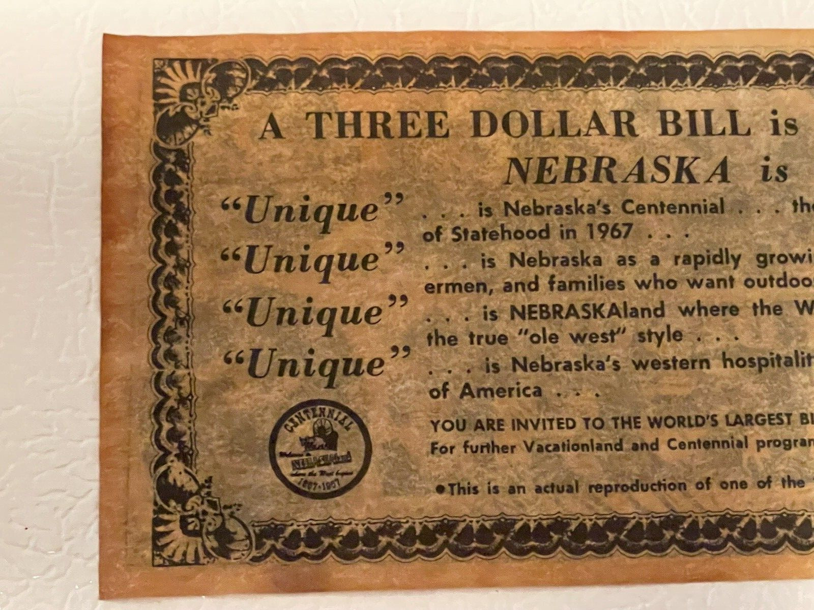 1967 Nebraska Bank of De Soto Wildcat Three Dollars Note Centennial ...