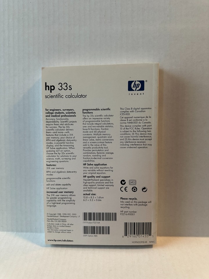 HP-33S Scientific Calculator Tested, New Batteries With Case And User's ...