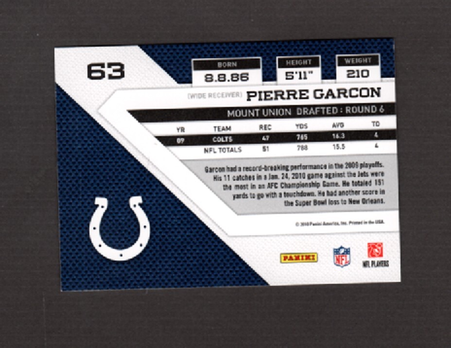 Football Card - Pierre Garcon - Colts - Panini Threads - 2010 - #63 | eBay