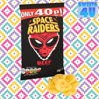 Full Box of 36 Packs x 25g Beef Flavour Space Raiders Crisps Corn Snack ...