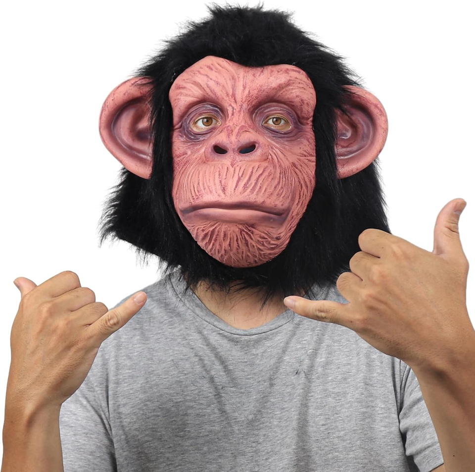 Halloween Monkey Head Mask Chimpanzee Mask Black with Fur Latex Full ...