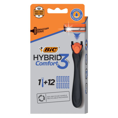 Bic Men's Handle Hybrid Comfort 3 w/ 12pc Replacement 3 Blade Smooth ...