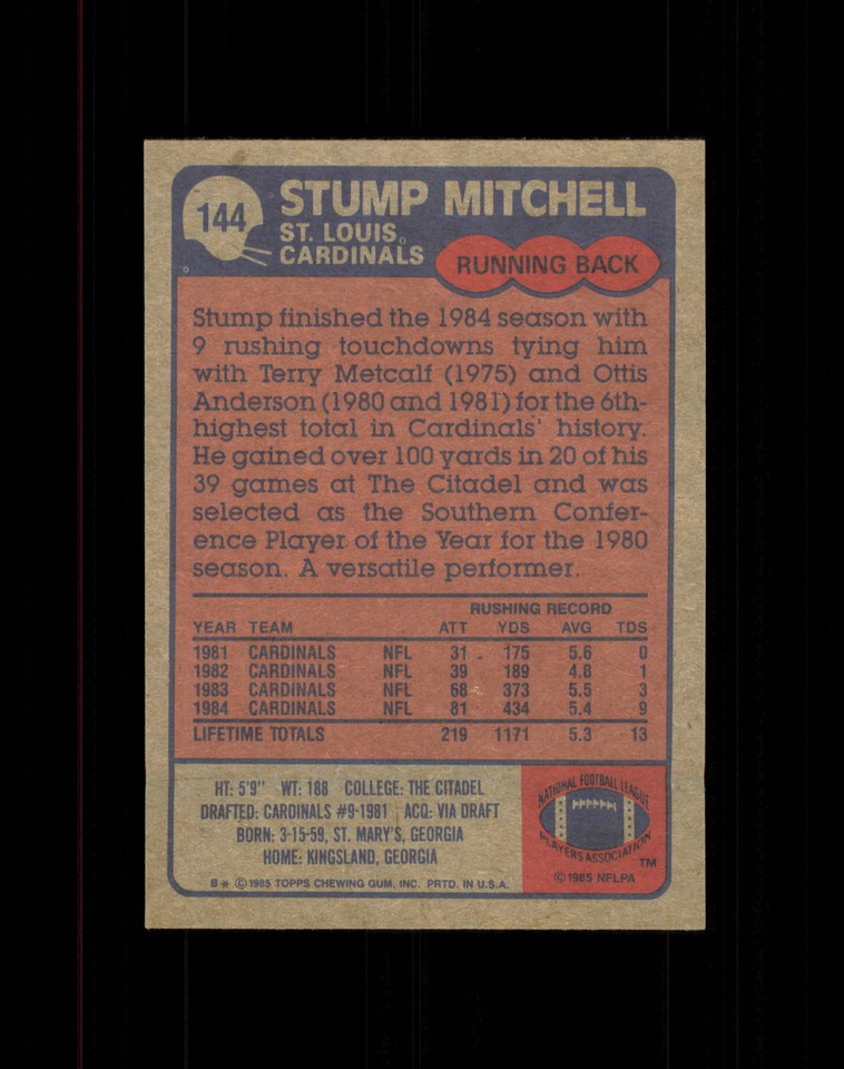 1985 Topps Football #144 Stump Mitchell St. Louis Cardinals | eBay