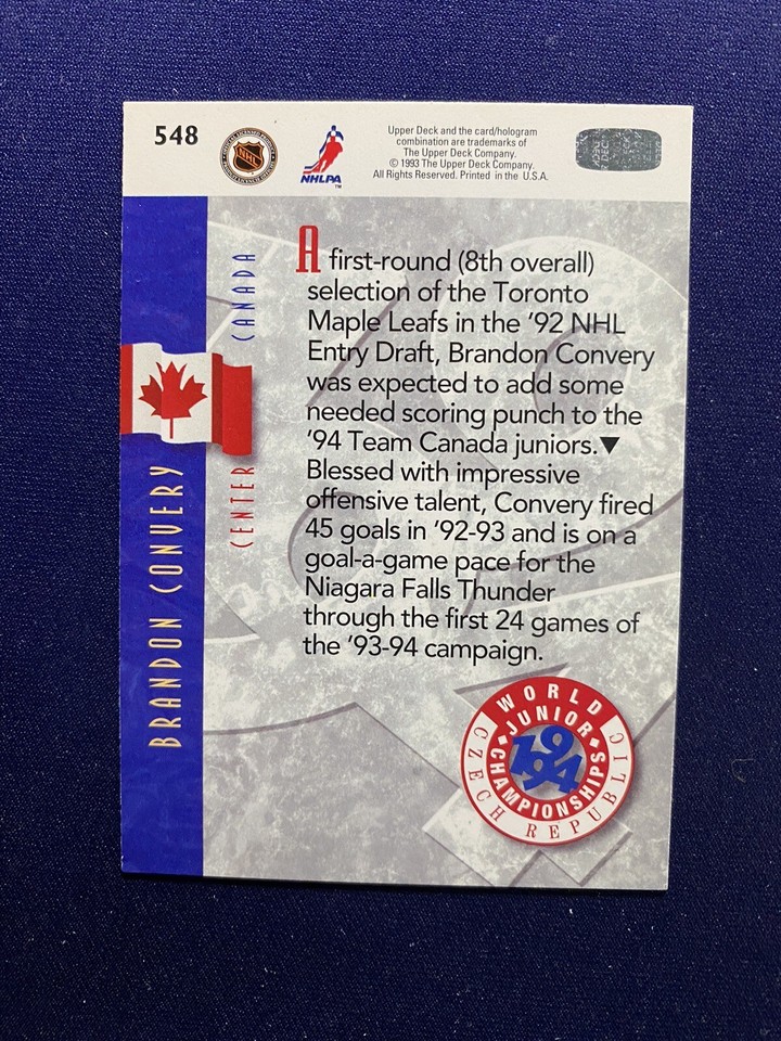 1993 Upper Deck Hockey #548 Brandon Convery Autograph Team Canada Auto ...