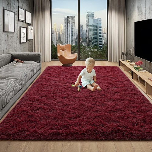 Fluffy Burgundy Red Rug for Living Room, Shaggy Soft Fuzzy 8x10 Large ...