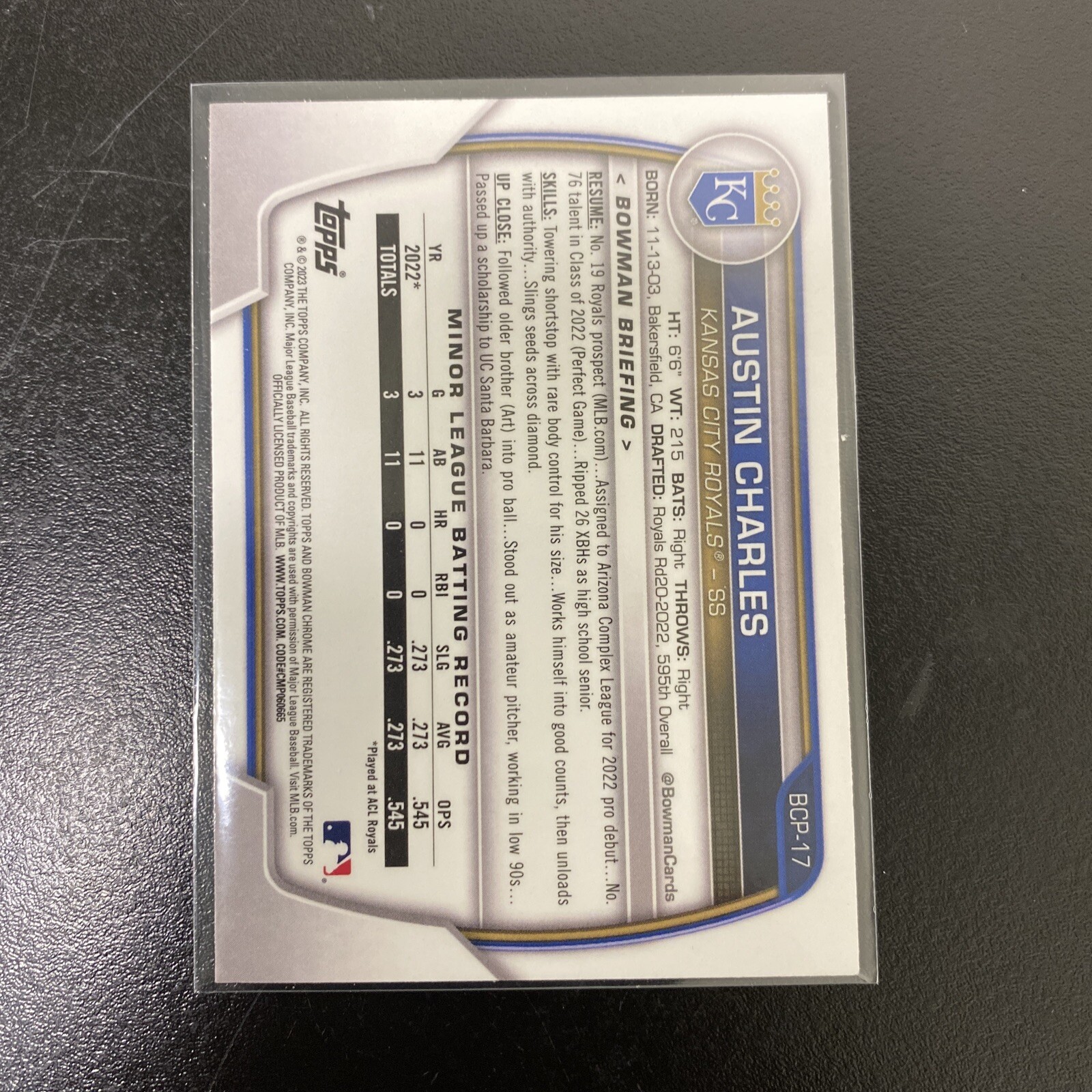 2023 Bowman Chrome 1st Prospect Austin Charles #BCP-17 Royals Baseball ...