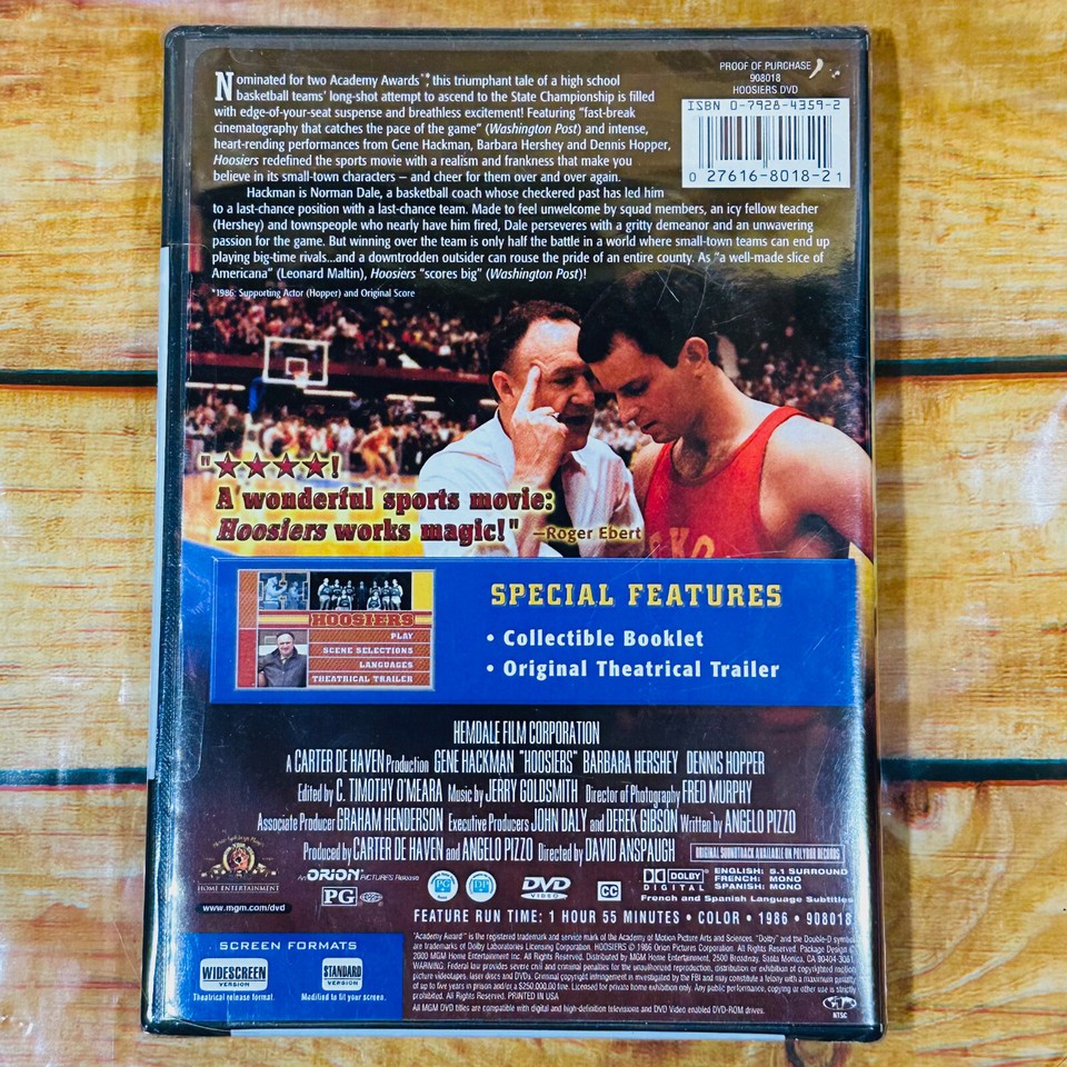 Hoosiers DVD Gene Hackman Dennis Hopper Barbara Hersey Jerry Goldsmith ...