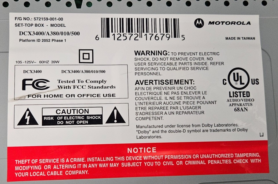 Motorola DCX3400 HD Digital Cable Box HDTV Dual Tuner DVR HDMI Black W ...