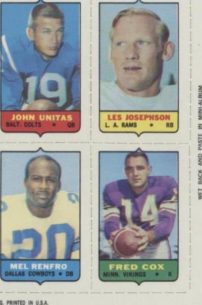 1969 Topps - Mini-Cards (4-in-1) Johnny Unitas, Mel Renfro, Fred Cox ...