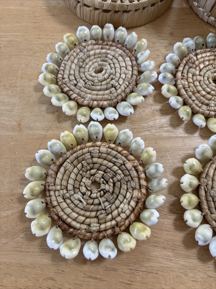 Vtg Rattan & Seashell Set 6 Coasters w/ Basket Holder- Tiki Bar ...