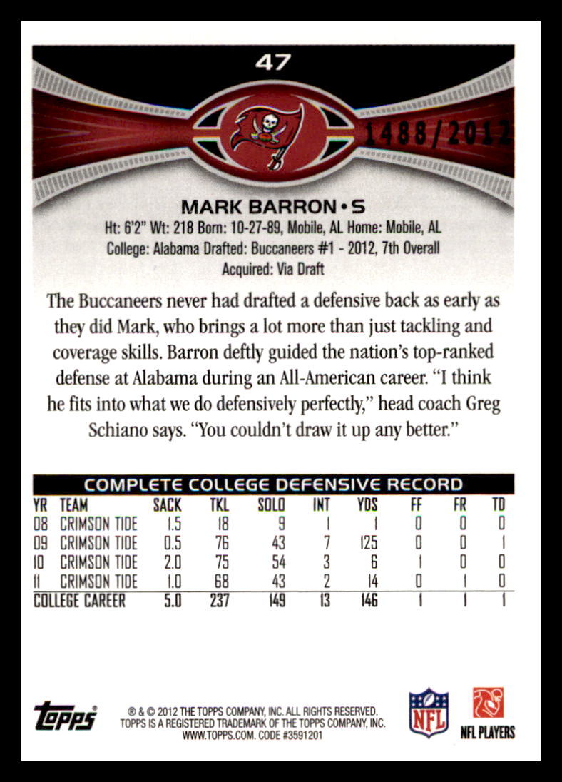 2012 Topps #47 Mark Barron Gold #/2012 | eBay