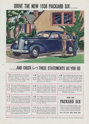 Drive the new Packard Six & check these statement as you go ad 1938 T ...