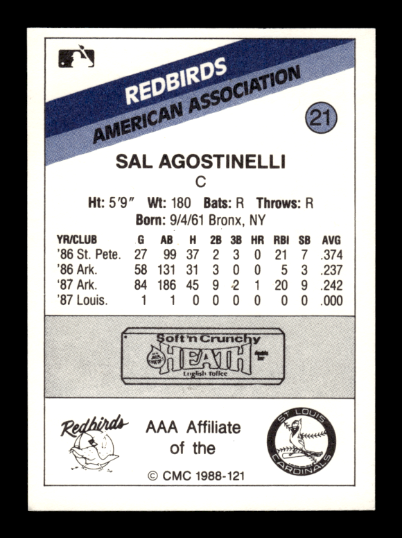1988 CMC # 21 Sal Agostinelli Card (ML) Louisville Redbirds St Louis ...