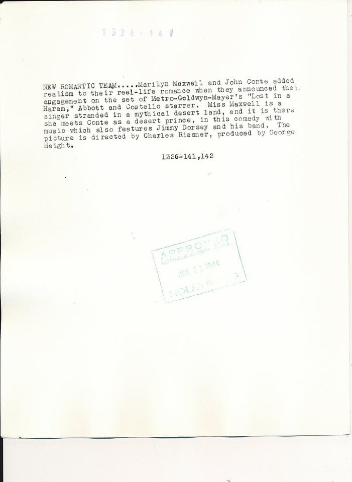 MARILYN MAXWELL JOHN CONTE Original Vintage 1944 LOST IN A HAREM MGM ...