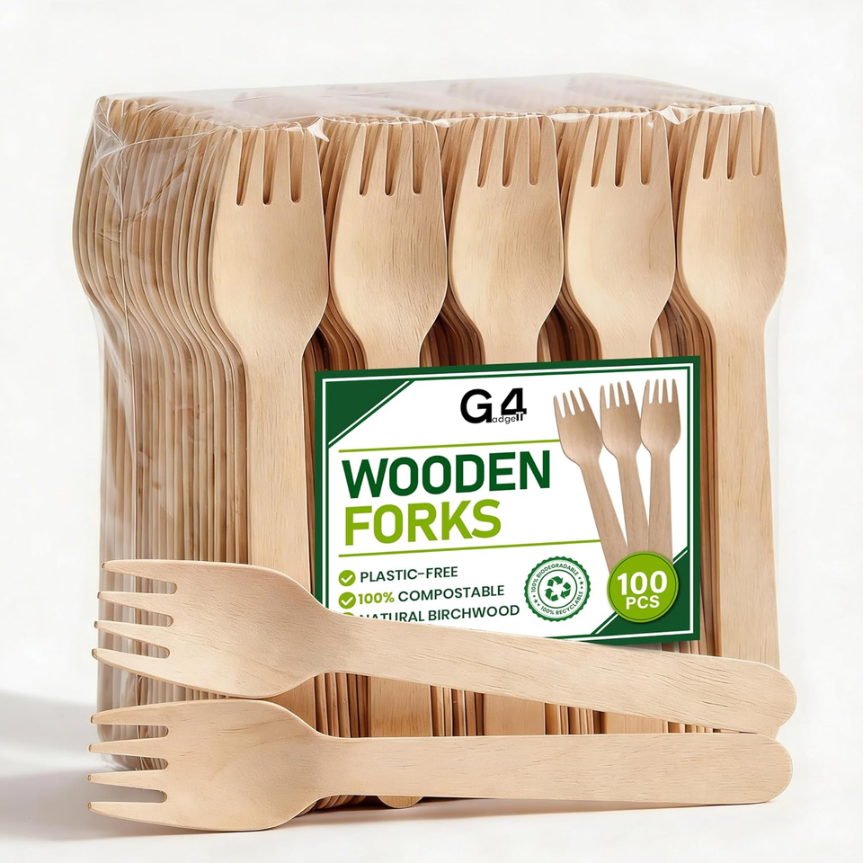100X Wooden Forks - Disposable Biodegradable Birch Wood Utensils for ...