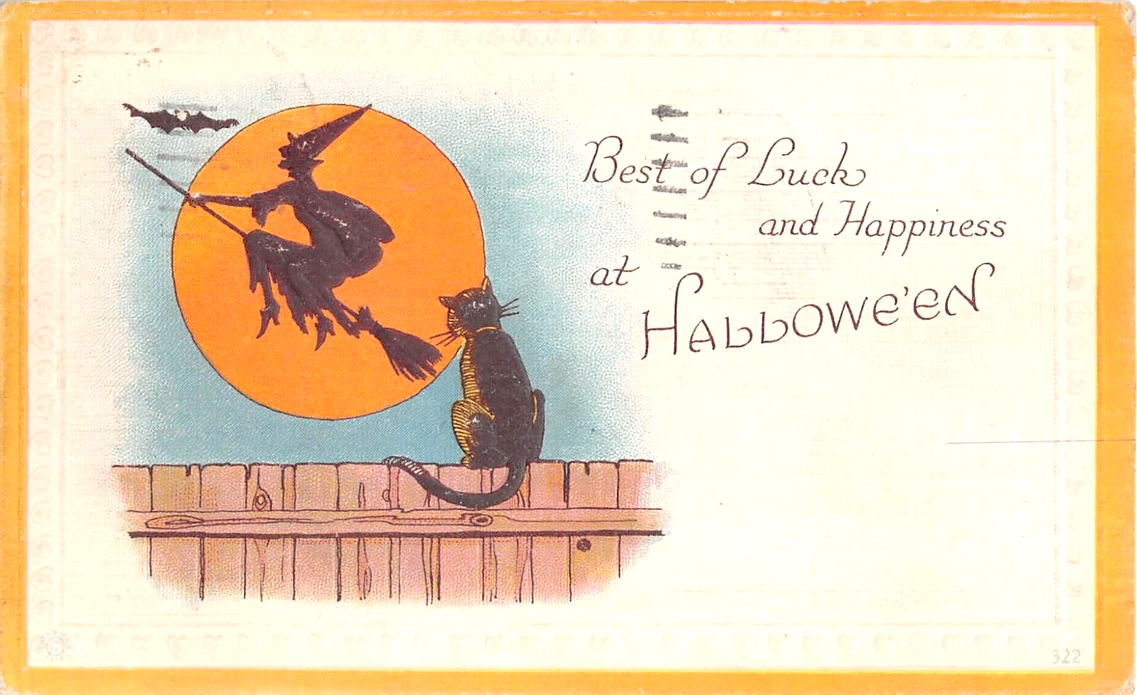 1918 Witch Flying on Broom in Full Moon Black Cat & Bats Halloween post ...