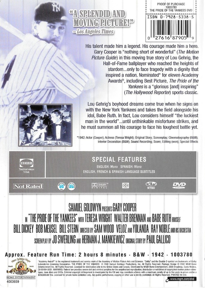 The Pride of The Yankees - Gary Cooper Babe Ruth Walter Brennan - DVD ...