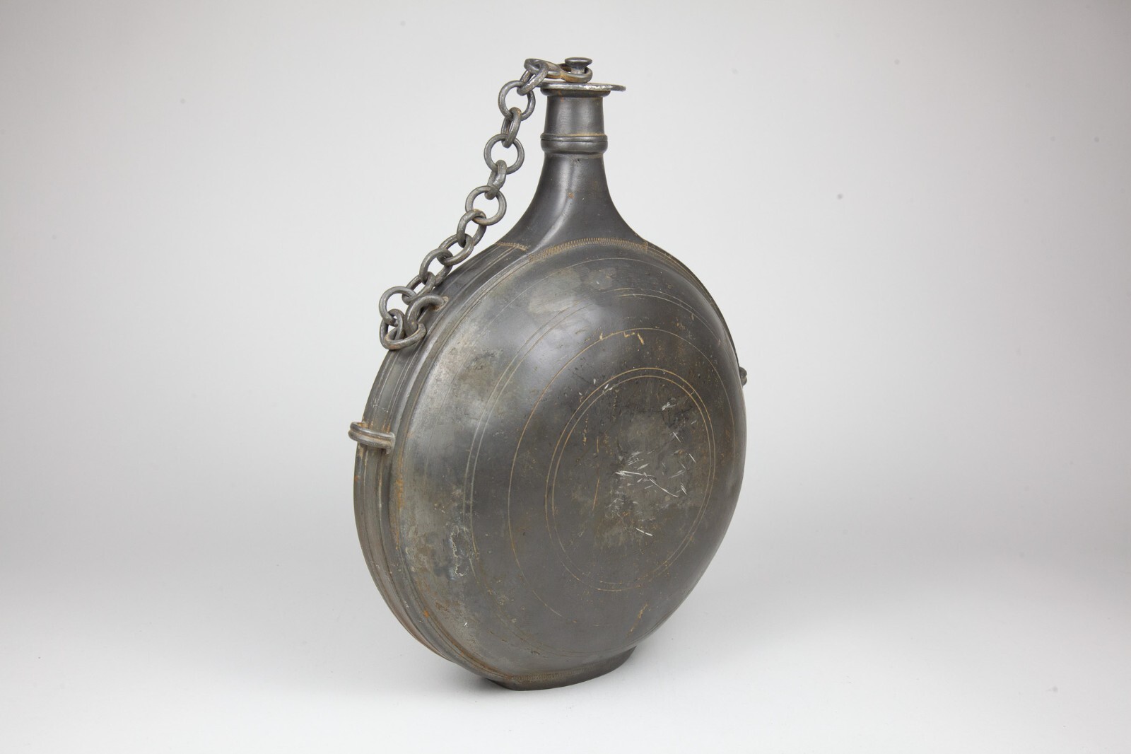 19th C. Pewter Pilgrim Flask, Canteen with Chain and Screw On Lid | eBay