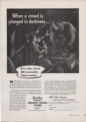 1938 Print Ad Exide Emergency Lighting Crowd Plunged Into Darkness ...