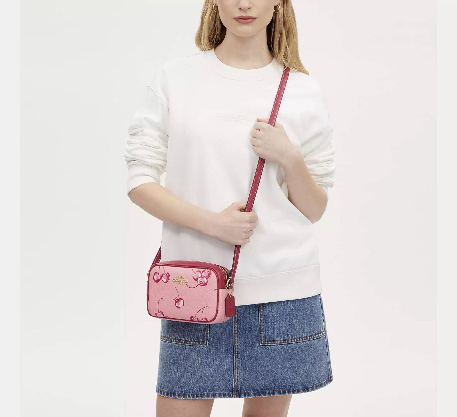 NWT Coach Mini Jamie Camera Bag With Heart Cherry Print Pink With Small ...