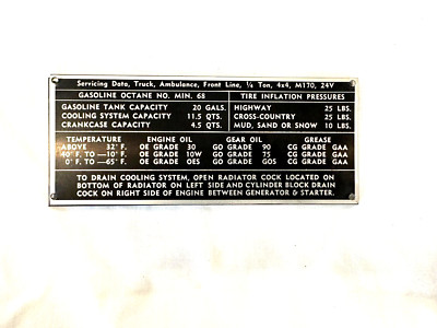 M38A1 G758 M170 AMBULANCE SERVICING DATA PLATE 1/4 TON MILITARY JEEP ...