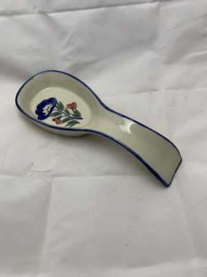 Vintage Ceramic Hand Painted Spoon Rest Floral Blue Trim Stovetop Spoon ...
