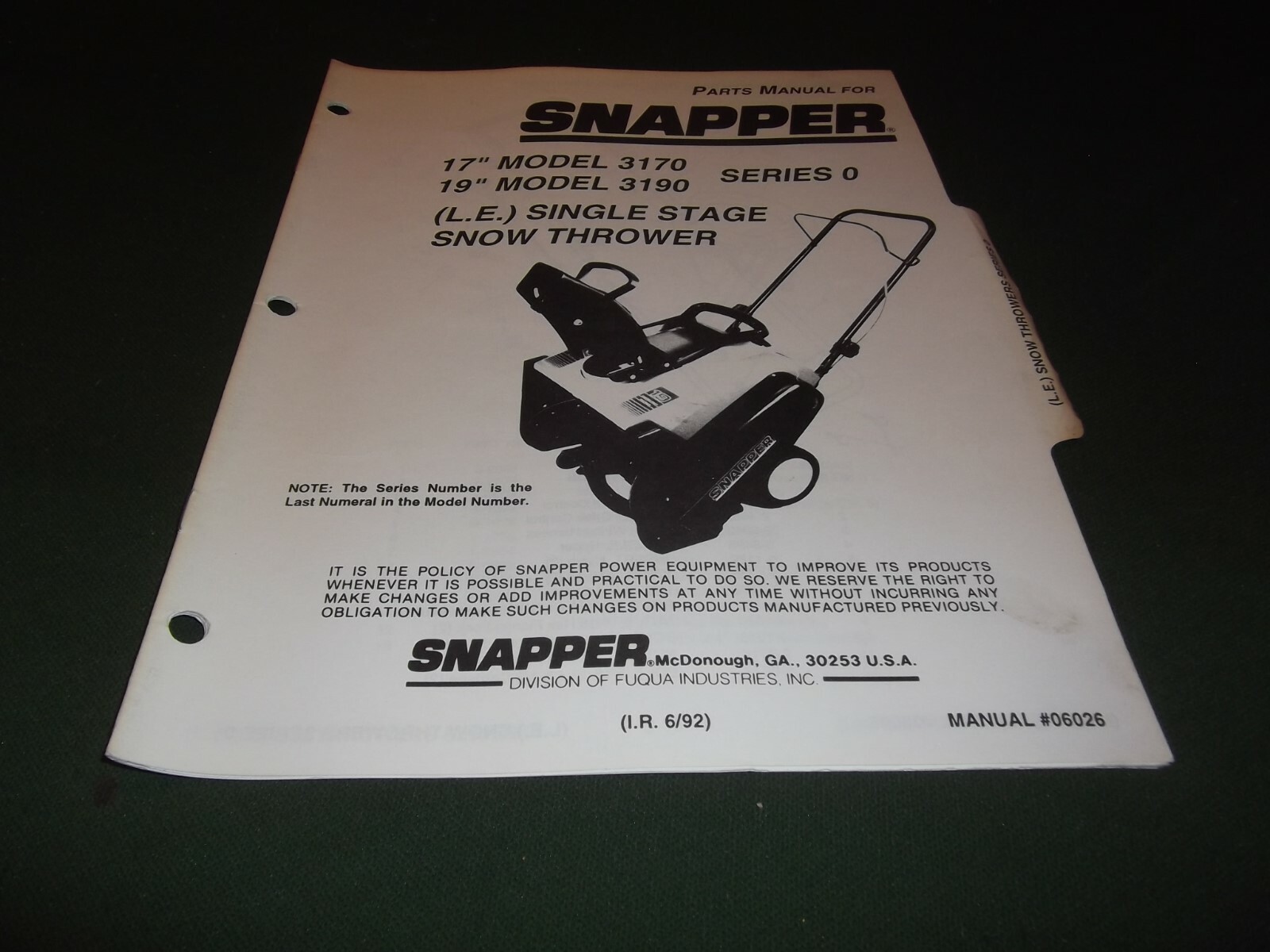 SNAPPER 17" 3170 & 19" 3190 SNOW THROWER BLOWER PARTS MANUAL BOOK ...