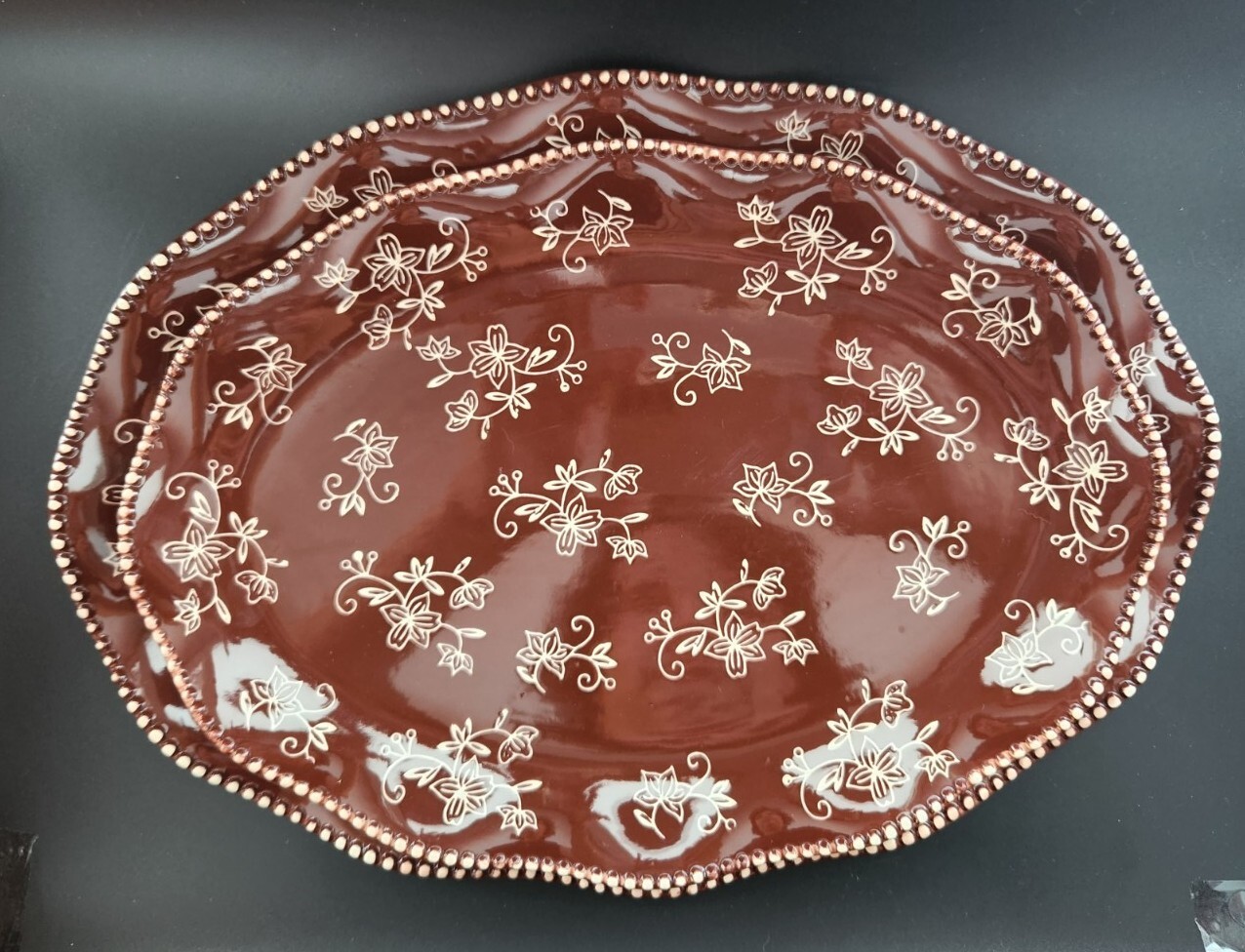 Temptations Floral Lace Serving Platter Scalloped Edge Dk. Brown Set of ...