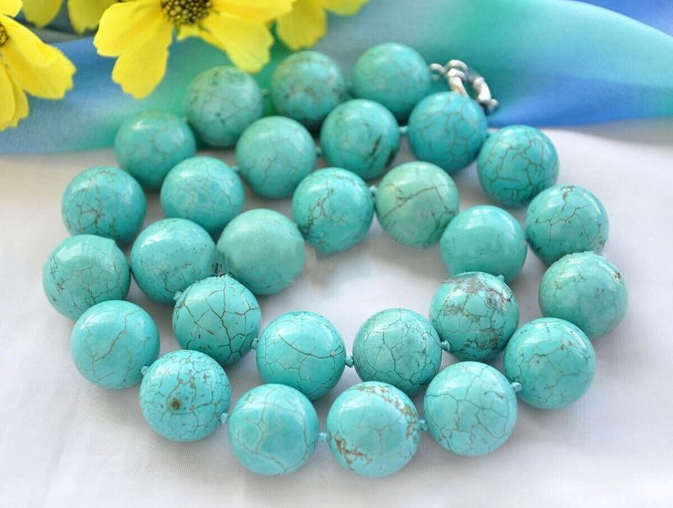 Genuine 14mm Natural Blue Turquoise Gemstone Round Beads Necklace 18 ...